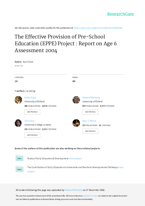 (PDF) The Effective Provision of Pre-School Education [EPPE] Project