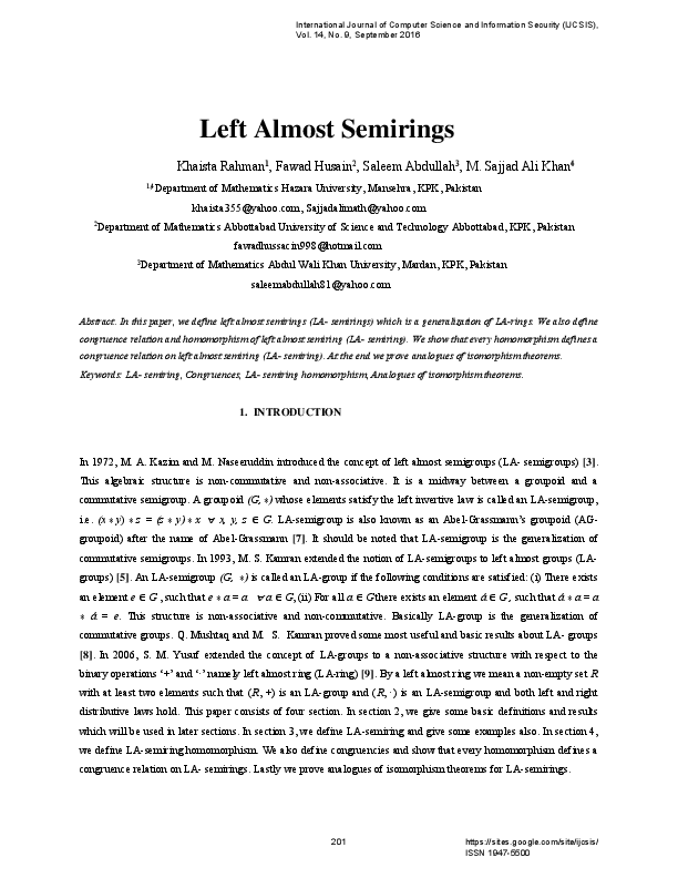 (PDF) On Left Almost Semirings