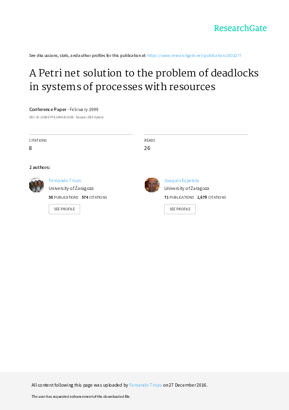 (PDF) A Petri net solution to the problem of deadlocks in systems of processes with resources