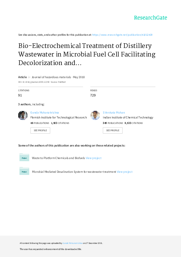 (PDF) Bio-electrochemical treatment of distillery wastewater in ...