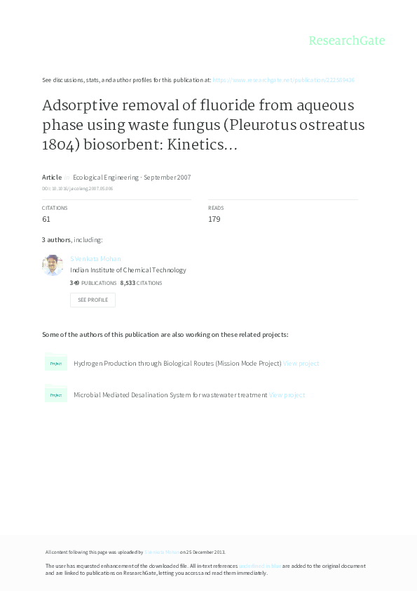 (PDF) Adsorptive removal of fluoride from aqueous phase using waste ...