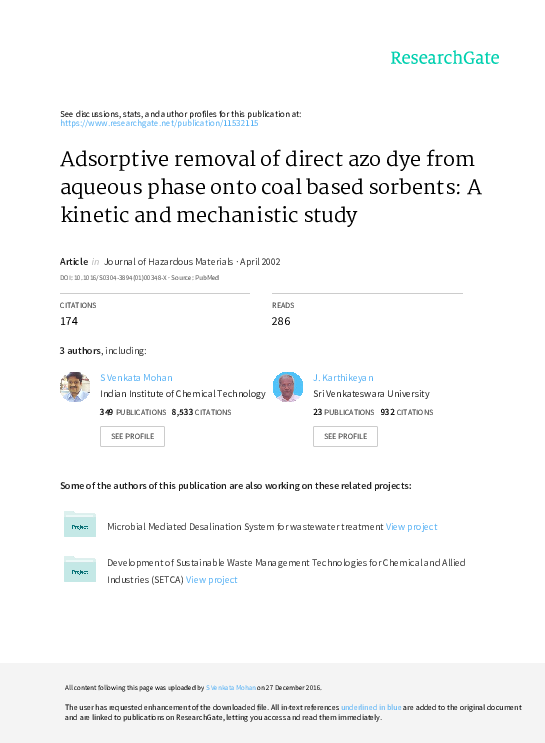 (PDF) Adsorptive removal of direct azo dye from aqueous phase onto coal based sorbents: a ...