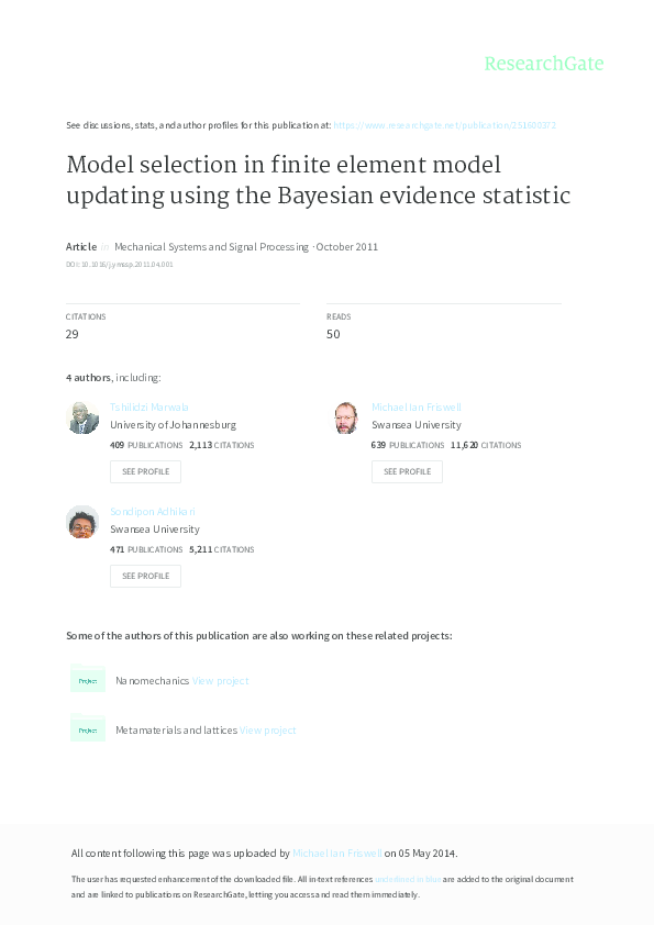 Pdf Model Selection In Finite Element Model Updating Using The Bayesian Evidence Statistic