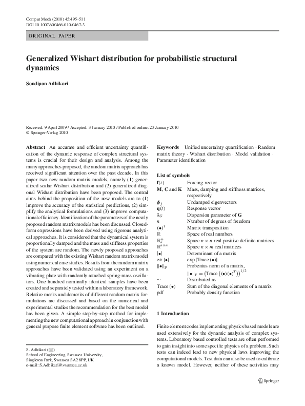 (PDF) Generalized Wishart distribution for probabilistic structural dynamics