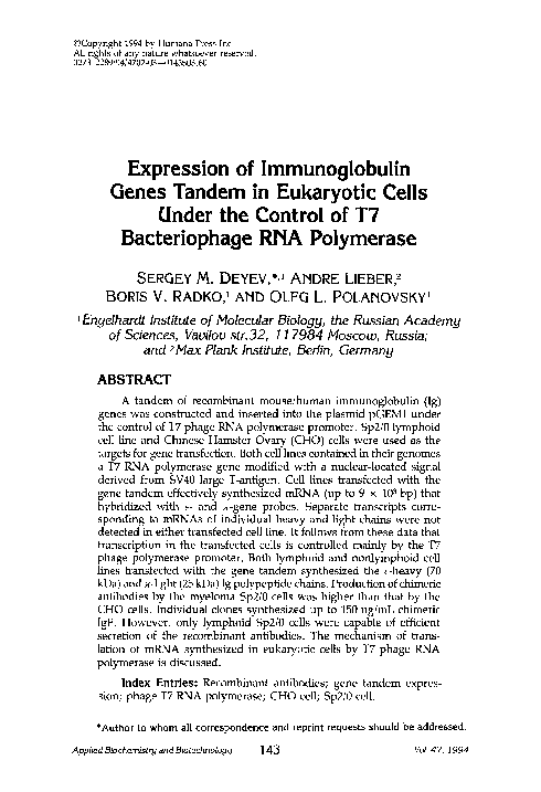 (PDF) Expression of immunoglobulin genes tandem in eukaryotic cells ...