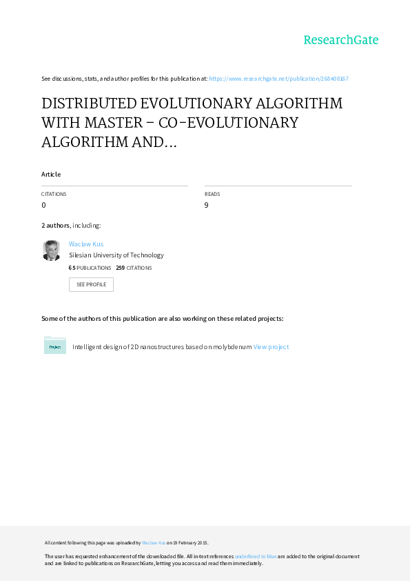 Pdf Distributed Evolutionary Algorithm With Master Co Evolutionary Algorithm And Slaves