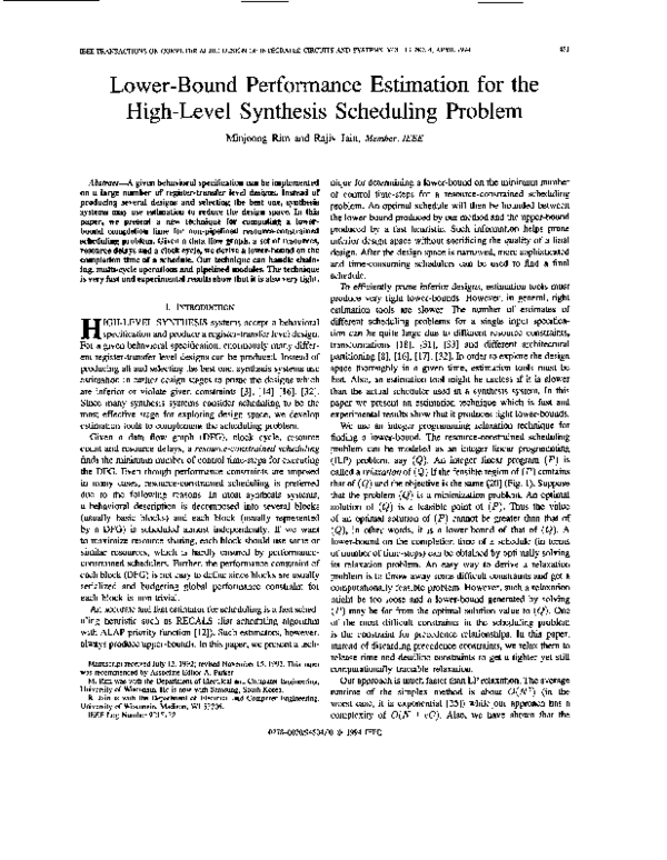 Pdf Lower Bound Performance Estimation For The High Level Synthesis