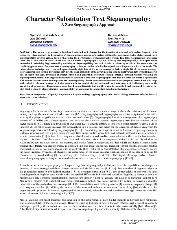 (PDF) Character Substitution Text Steganography: A Zero Steganography Approach