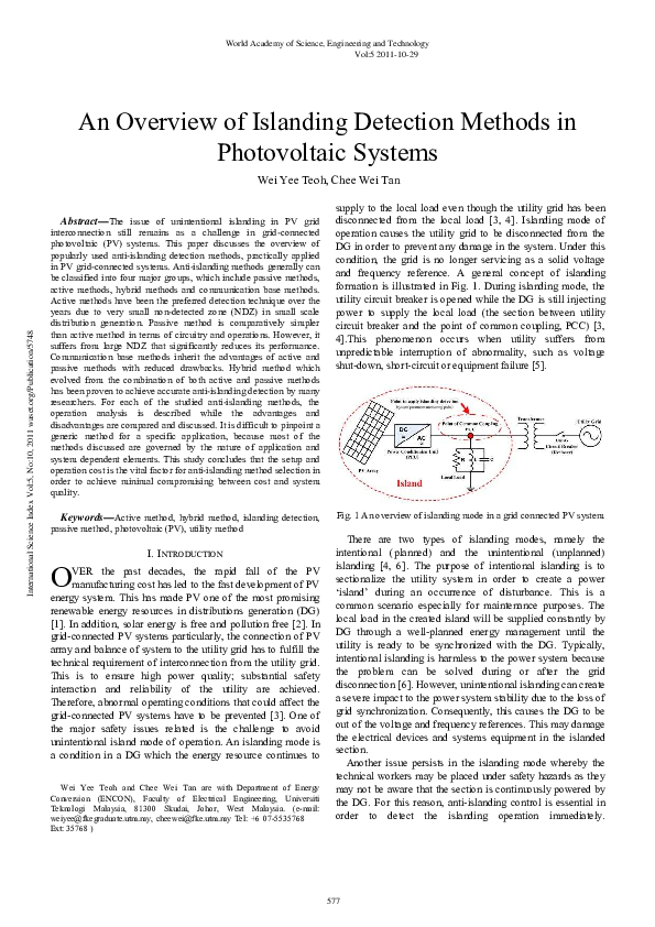 (PDF) An overview of islanding detection methods in photovoltaic systems Copy