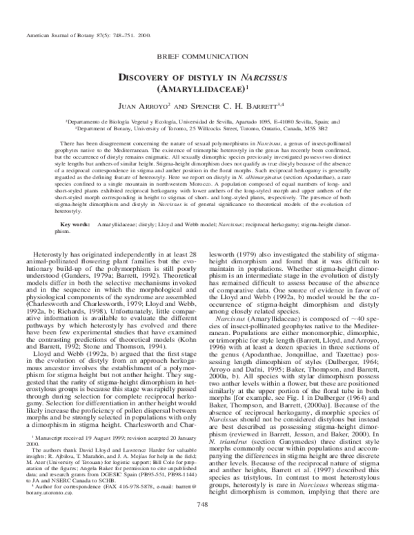 (PDF) Discovery of distyly in Narcissus (Amaryllidaceae)
