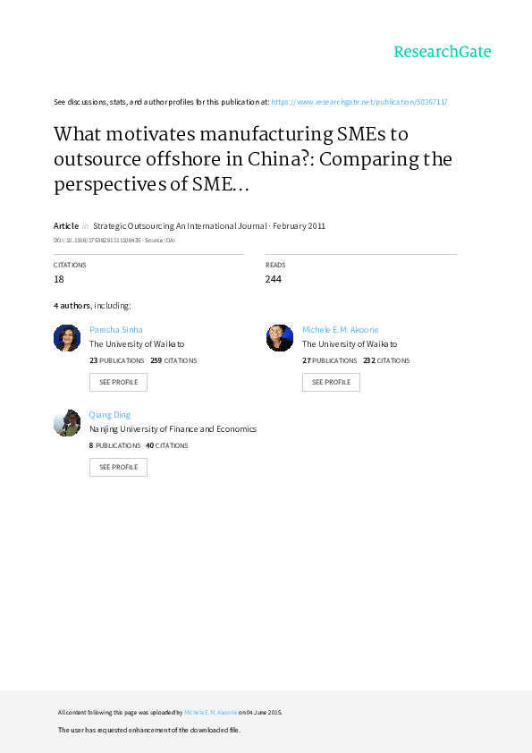 (PDF) What motivates manufacturing SMEs to outsource offshore in China ...