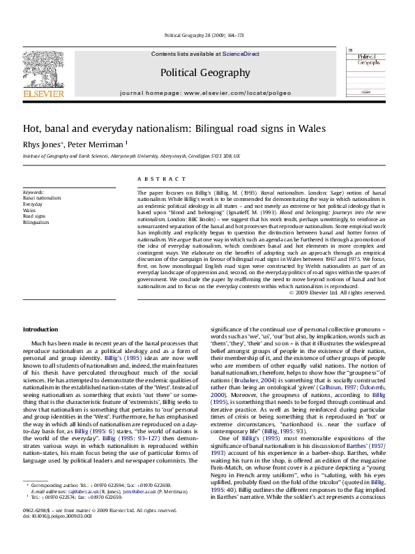 (PDF) Hot, banal and everyday nationalism: Bilingual road signs in Wales