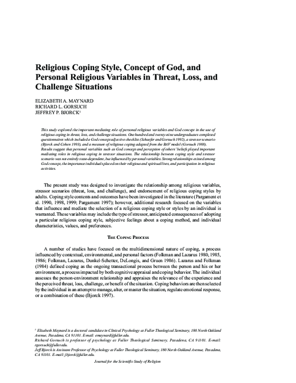 (PDF) Religious coping style, concept of God, and personal religious ...