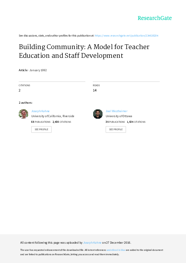 (PDF) Building Community: A Model for Teacher Education and Staff ...