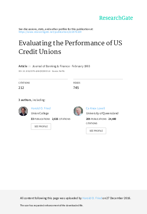 (PDF) Evaluating the performance of US credit unions