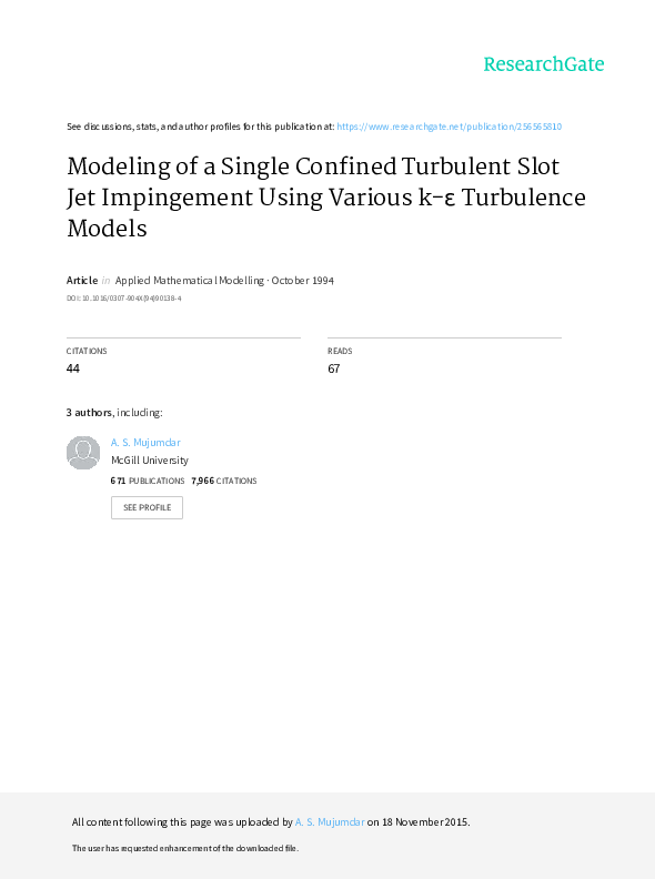 (PDF) Modelling of a single confined turbulent slot jet impingement using various k--[epsilon ...