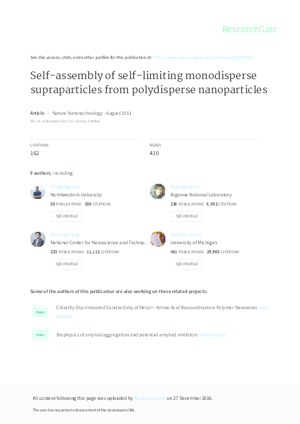 (PDF) Self-assembly of self-limiting monodisperse supraparticles from polydisperse nanoparticles