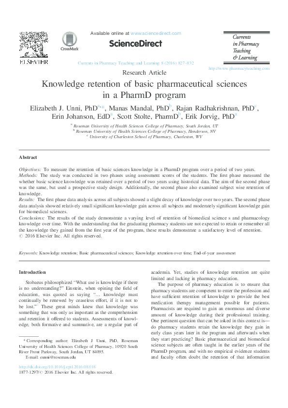 (PDF) Knowledge retention of basic pharmaceutical sciences in a PharmD ...
