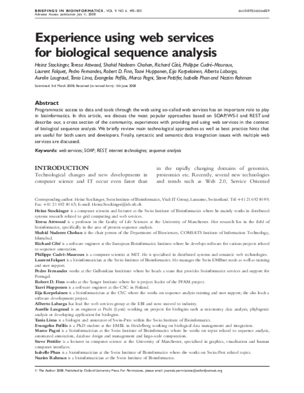 (PDF) Experience using web services for biological sequence analysis