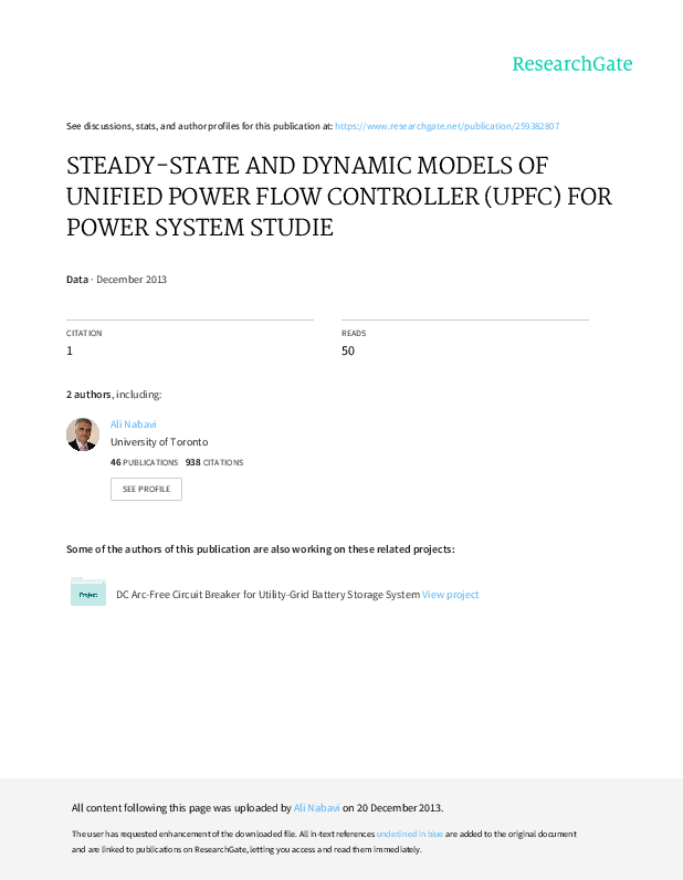 Pdf Steady State And Dynamic Models Of Unified Power Flow Controller