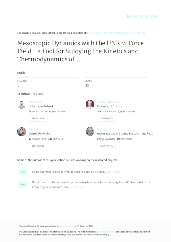 (PDF) Mesoscopic Dynamics with the UNRES Force Field - a Tool for Studying the Kinetics and ...