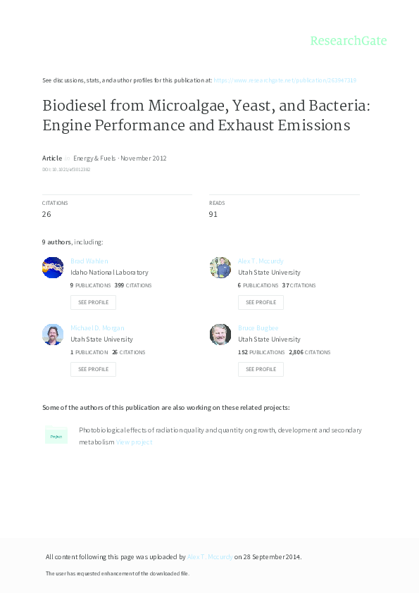 (PDF) Biodiesel from Microalgae, Yeast, and Bacteria: Engine ...