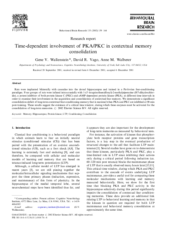 (PDF) Time-dependent involvement of PKA/PKC in contextual memory consolidation