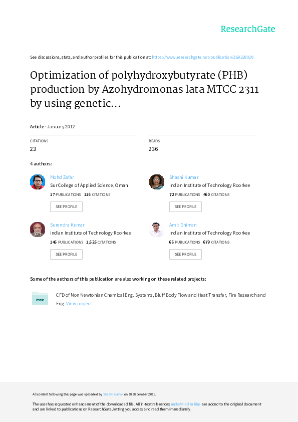 (PDF) Optimization of polyhydroxybutyrate (PHB) production by Azohydromonas lata MTCC 2311 by ...