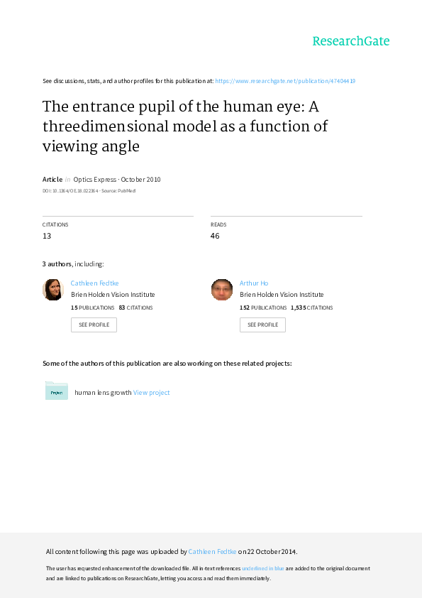 (PDF) The entrance pupil of the human eye: a three-dimensional model as ...