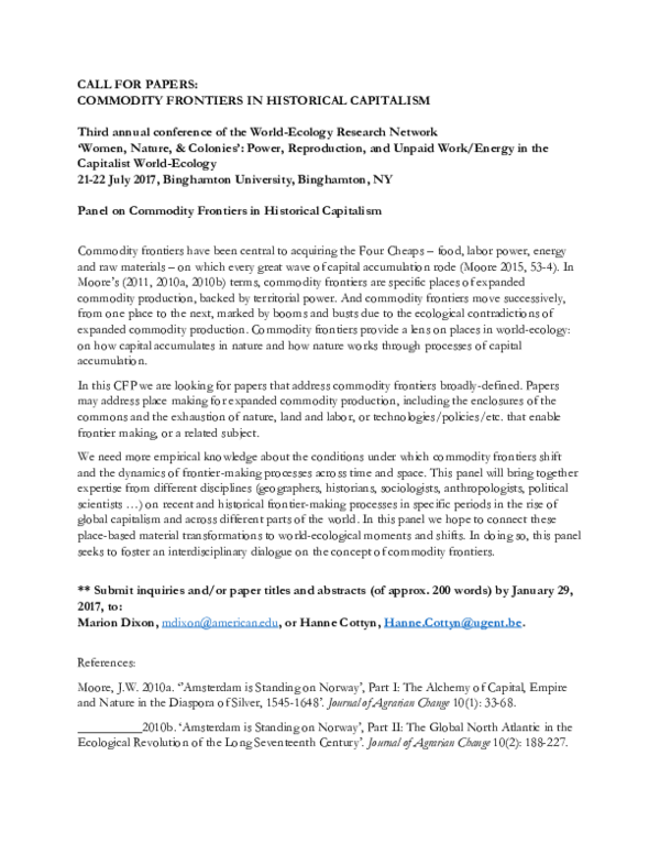 (PDF) CFP: Commodity Frontiers in Historical Capitalism (2017)