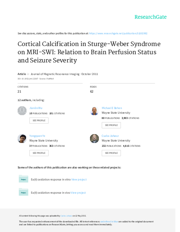 (PDF) Cortical calcification in sturge-weber syndrome on MRI-SWI ...