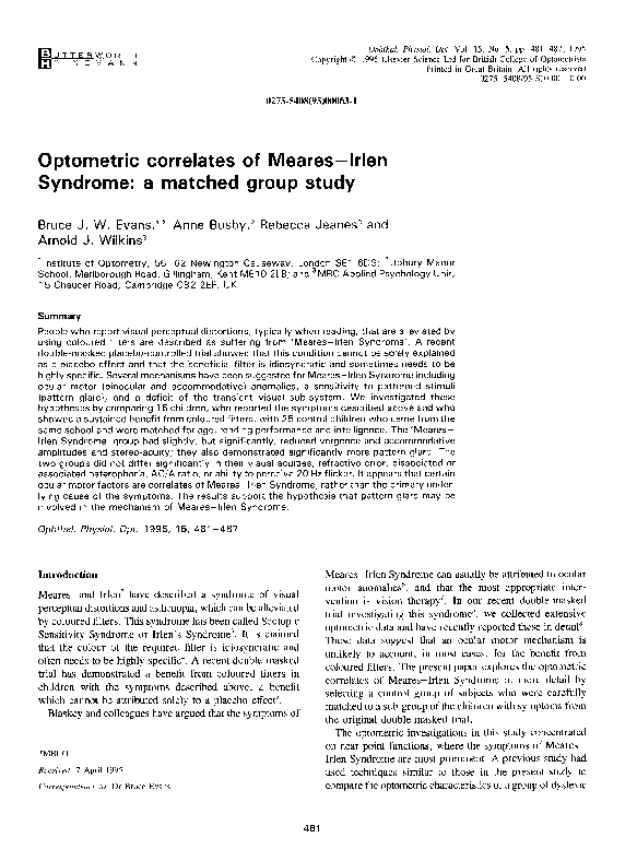 (PDF) Optometric correlates of Meares Irlen Syndrome: a matched group study