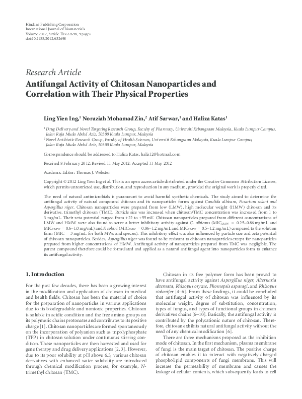 Pdf Antifungal Activity Of Chitosan Nanoparticles And