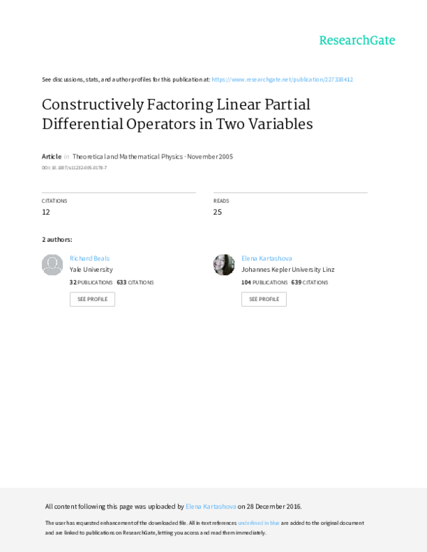 Pdf Constructively Factoring Linear Partial Differential Operators In Two Variables