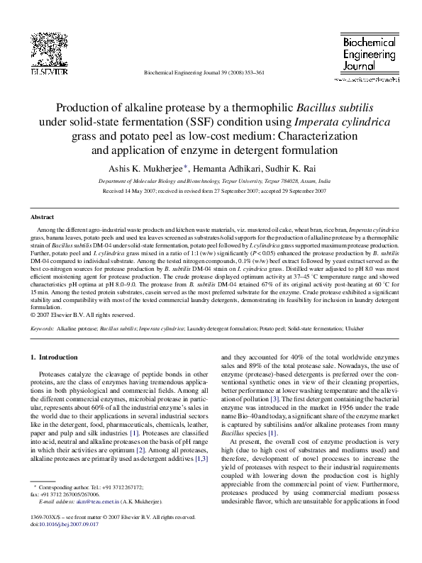 Pdf Production Of Alkaline Protease By A Thermophilic Bacillus Subtilis Under Solid State