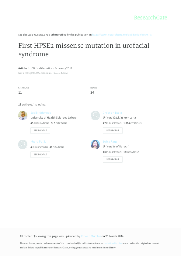 (PDF) First HPSE2 missense mutation in Urofacial Syndrome