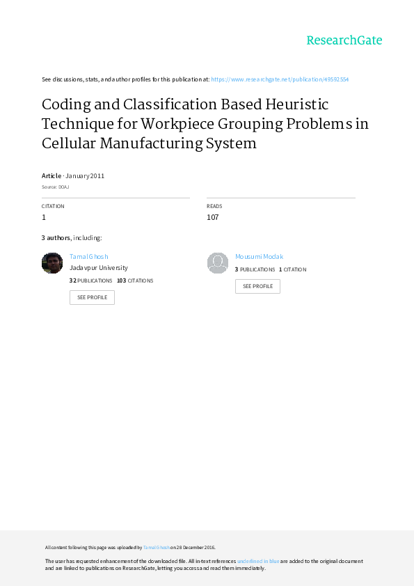 (PDF) Coding and Classification Based Heuristic Technique for Workpiece Grouping Problems in ...