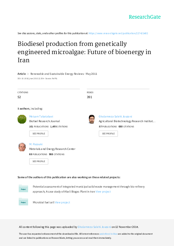 (PDF) Biodiesel production from genetically engineered microalgae: Future of bioenergy in Iran
