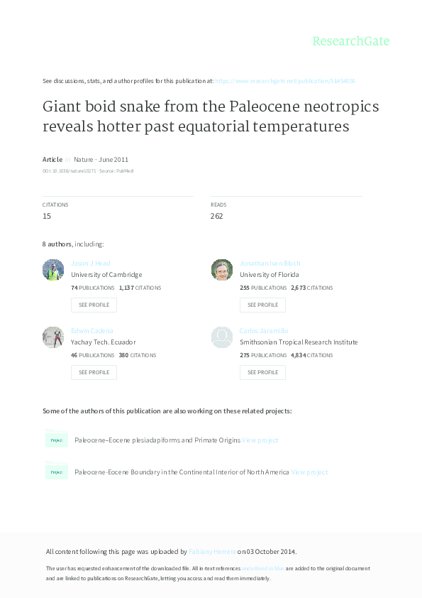 (PDF) Giant boid snake from the Paleocene neotropics reveals hotter ...