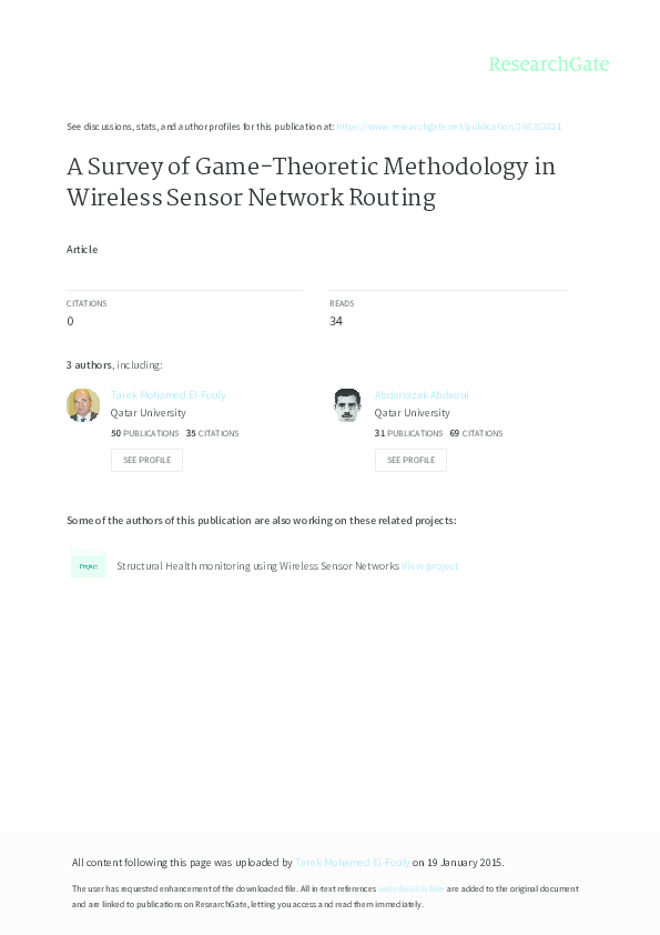 (PDF) A Survey of Game-Theoretic Methodology in Wireless Sensor Network Routing