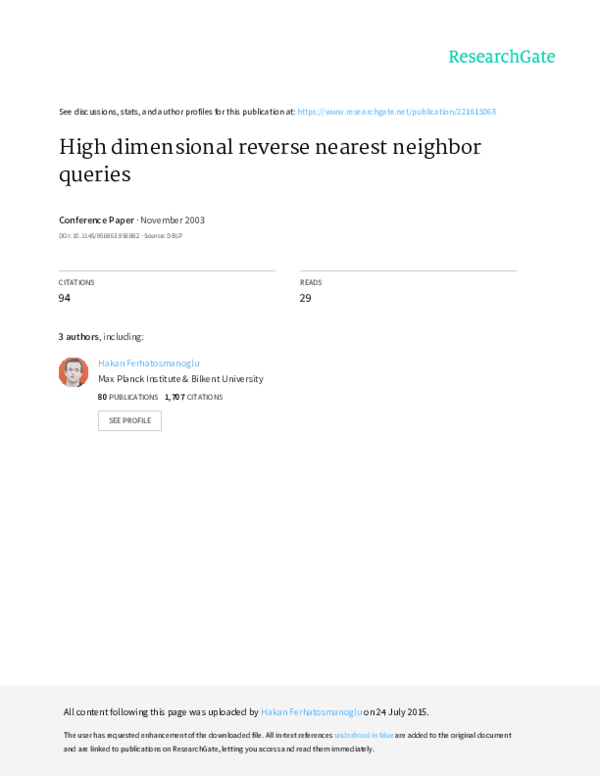(PDF) High dimensional reverse nearest neighbor queries | Ali Tosun - Academia.edu