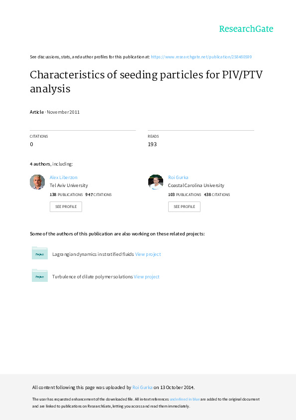 (PDF) Characteristics of seeding particles for PIV/PTV analysis