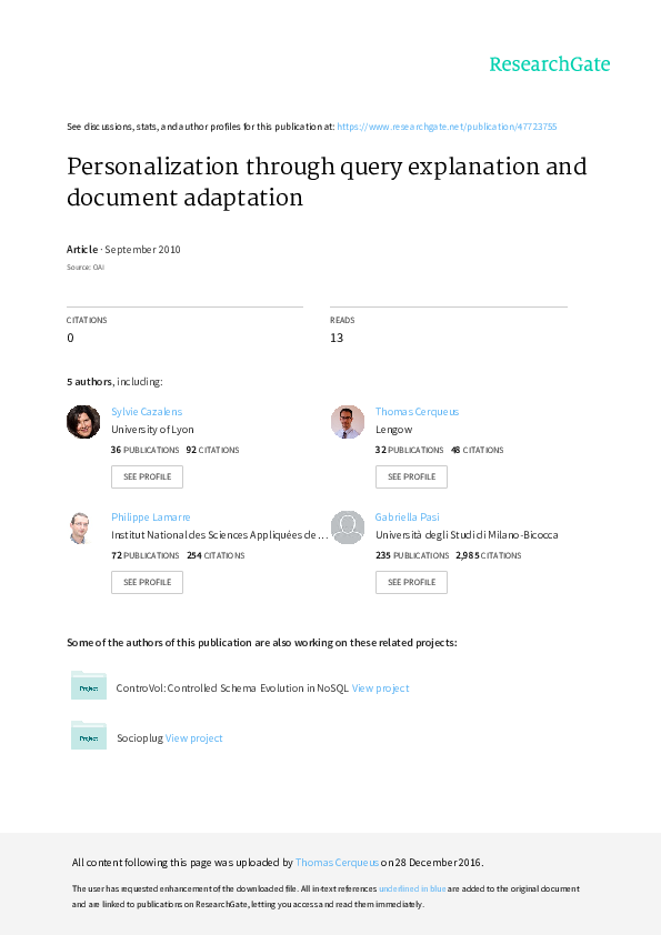 (PDF) Personalization through query explanation and document adaptation