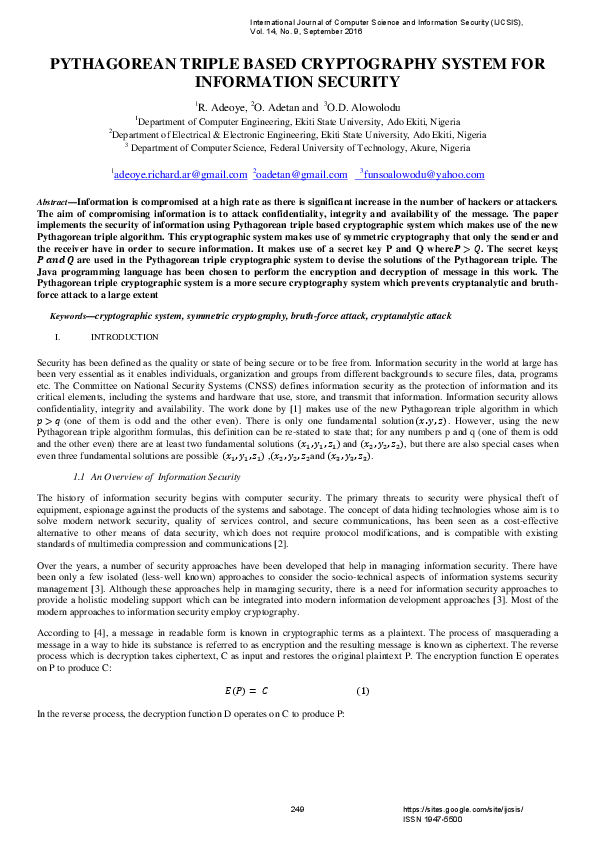 (PDF) PYTHAGOREAN TRIPLE BASED CRYPTOGRAPHY SYSTEM FOR INFORMATION SECURITY