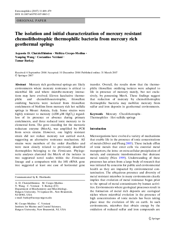 (PDF) The isolation and initial characterization of mercury resistant chemolithotrophic ...