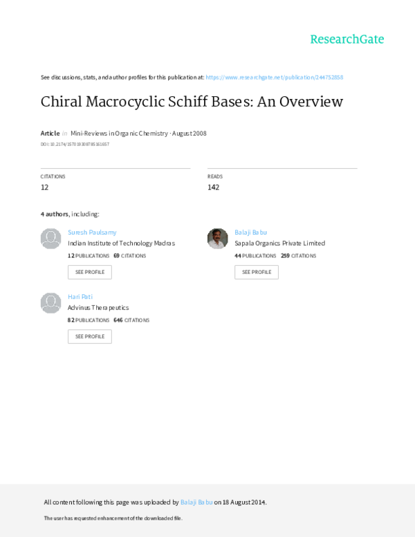 (PDF) Chiral Macrocyclic Schiff Bases: An Overview.