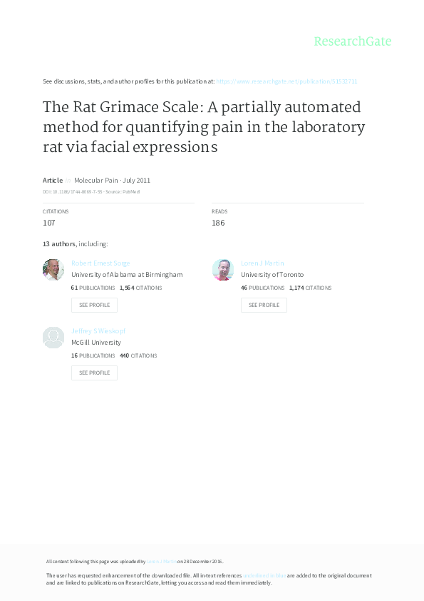 (PDF) The Rat Grimace Scale: A partially automated method for ...