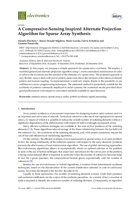 Pdf A Compressive Sensing Inspired Alternate Projection Algorithm For Sparse Array Synthesis 
