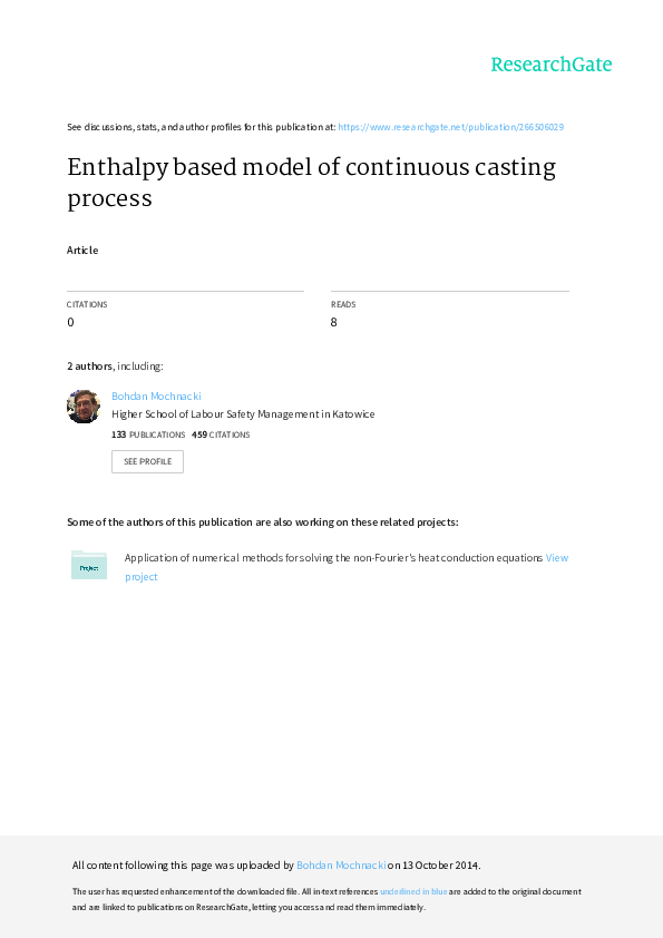 (PDF) Enthalpy based model of continuous casting process