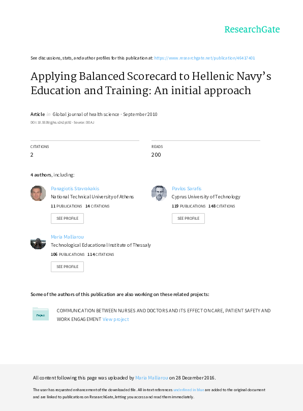 (PDF) Applying Balanced Scorecard to Hellenic Navy's Education and Training: An initial approach